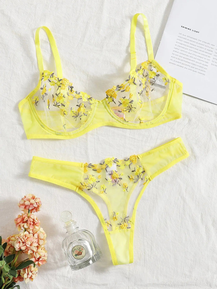 Sexy Bra Panties Set Lingerie Yellow Embroidery Lace Women's Underwear ...